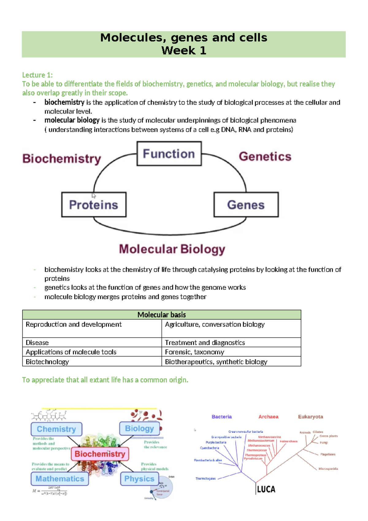 Week 1 notes - Molecules, genes and cells Week 1 Lecture 1: To be able ...