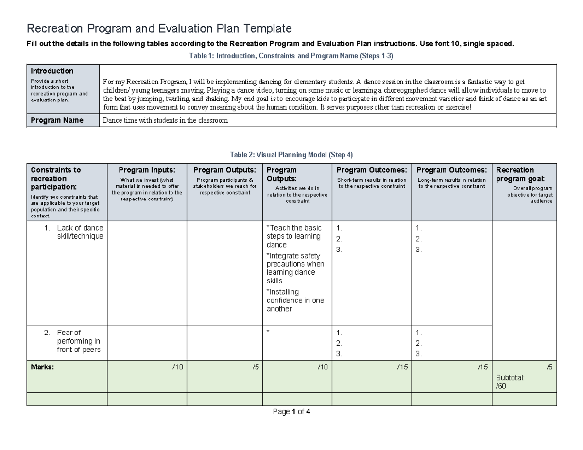 Recreation Program Evaluation Plan - Recreation Program and Evaluation ...