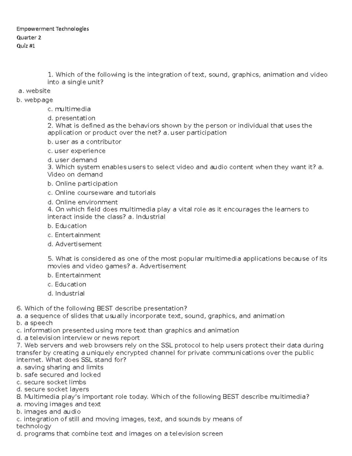 Etech Quiz 1 Week 1 module 1 - Empowerment Technologies Quarter 2 Quiz ...