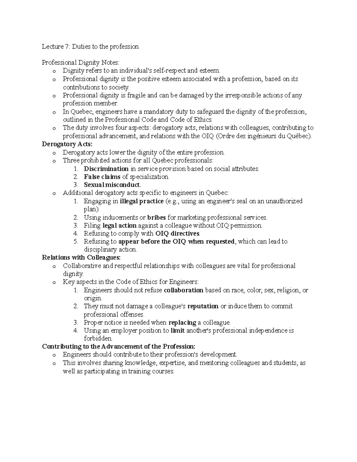 ENGR 201 L7 - Summary Professional Practice and Responsibility - Lecture 7: Duties to the ...