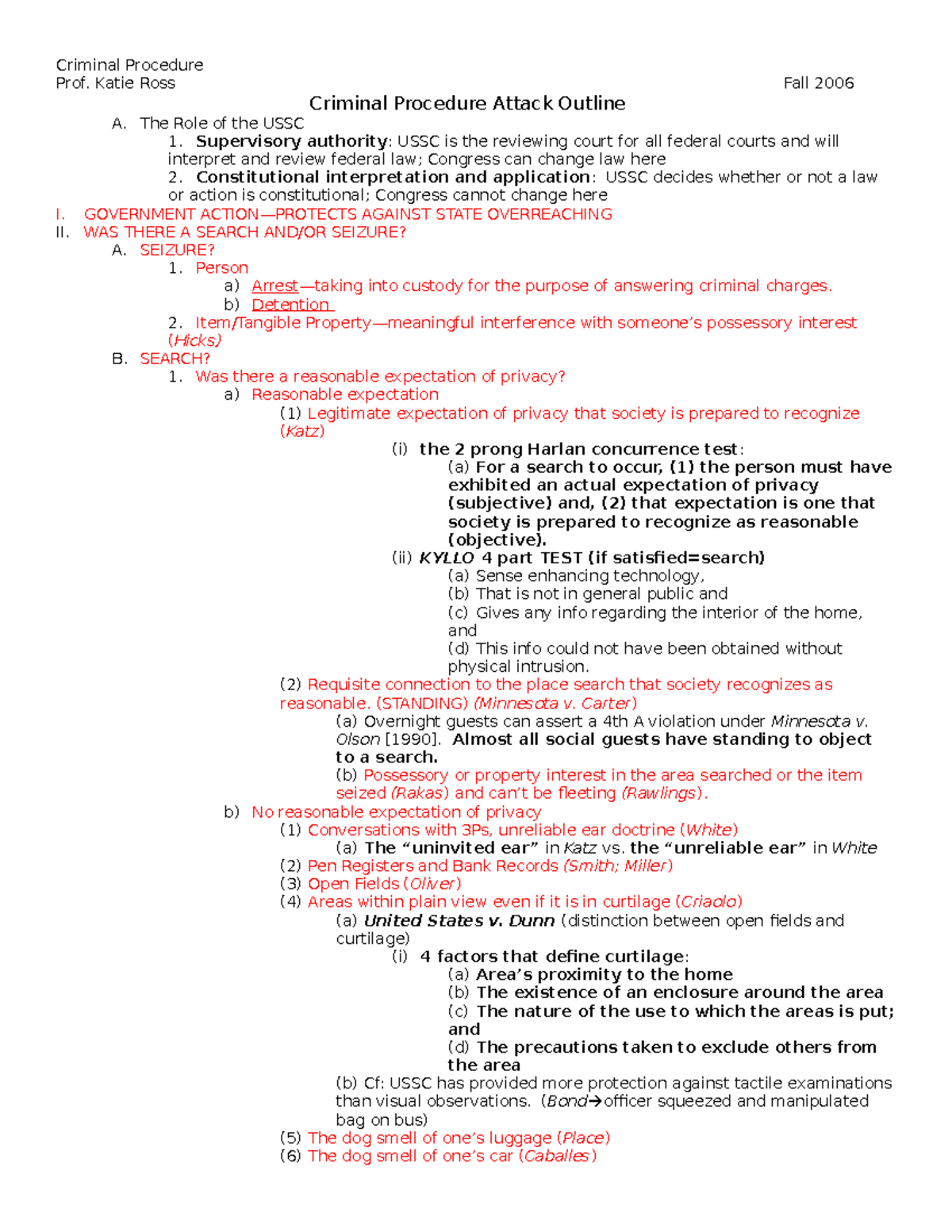 Crim Pro - Katie Ross - Attack Outline - Prof. Katie Ross Fall 2006 ...