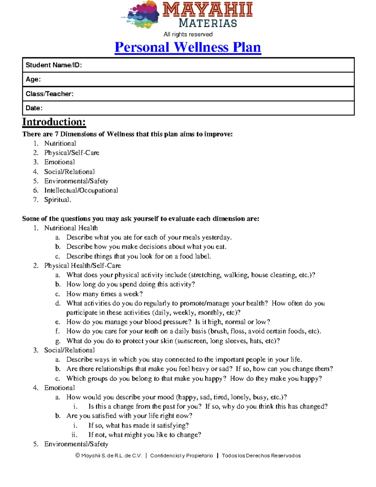 NW Bicu Personal Wellness Plan - All rights reserved Personal Wellness Plan Student Name/ID: Age ...