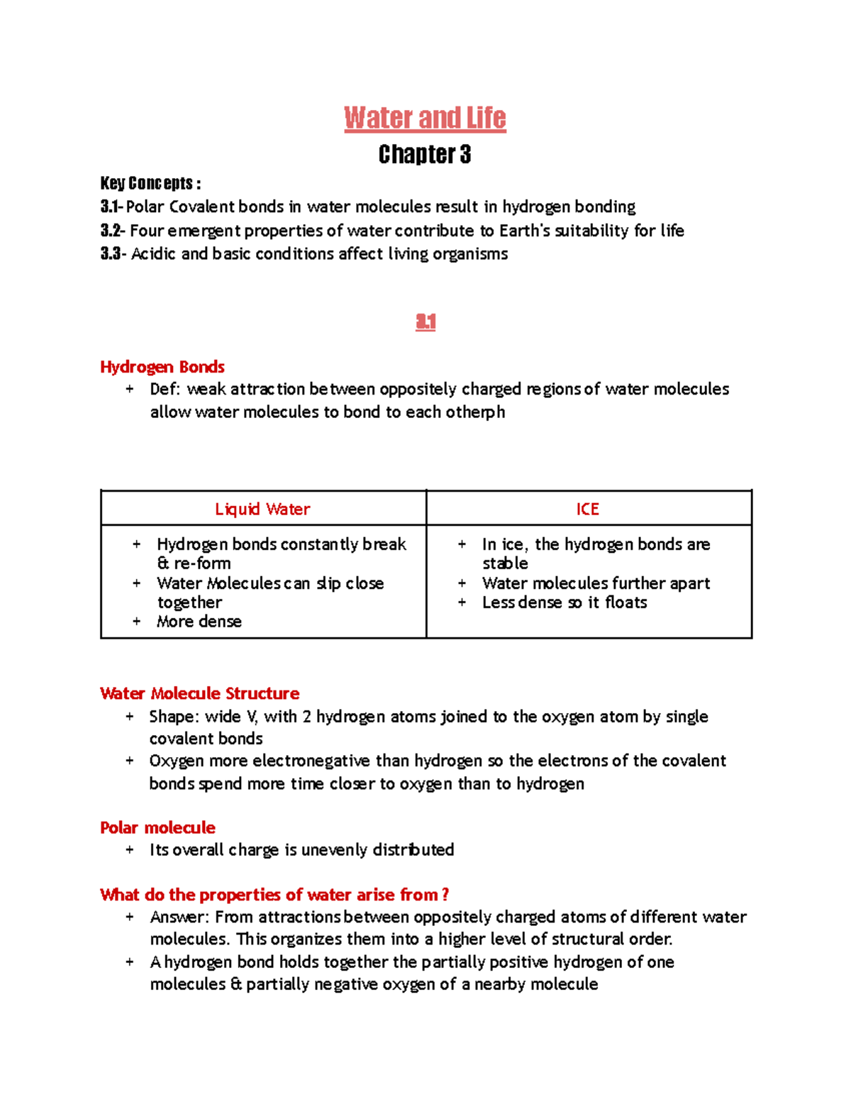 Chapter 3 - Water and Life Chapter 3 Key Concepts : 3- Polar Covalent ...