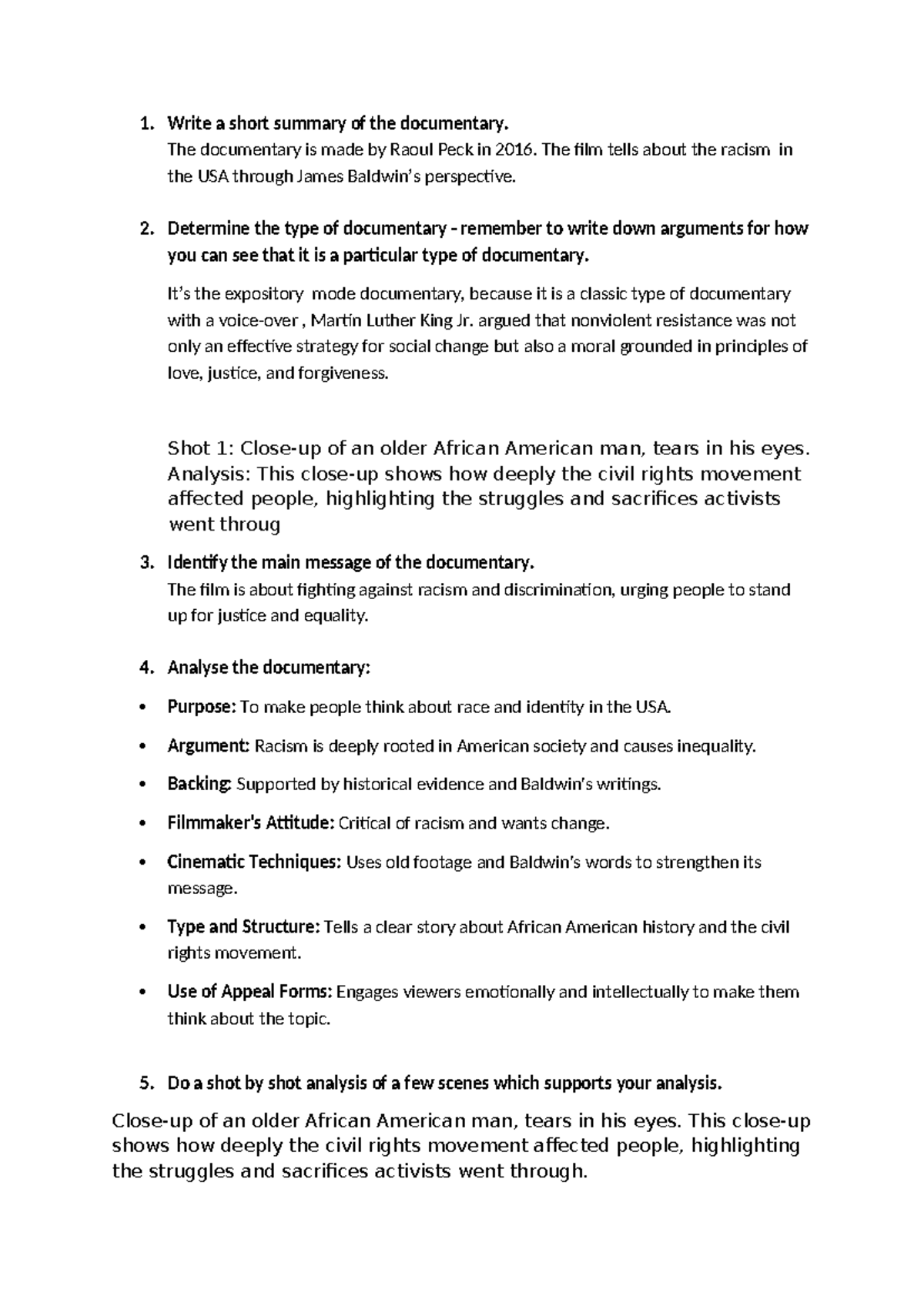 Analyse, I am not your negro - 1. Write a short summary of the ...