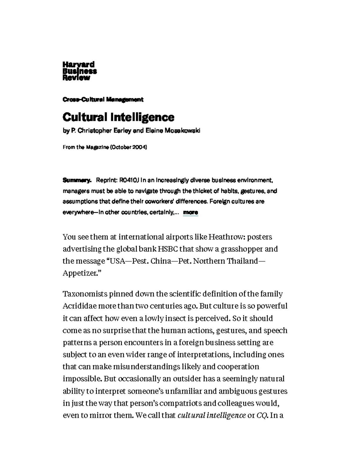 Cultural Intelligence - Cross-Cultural Management Cultural Intelligence by P. Christopher Earley ...
