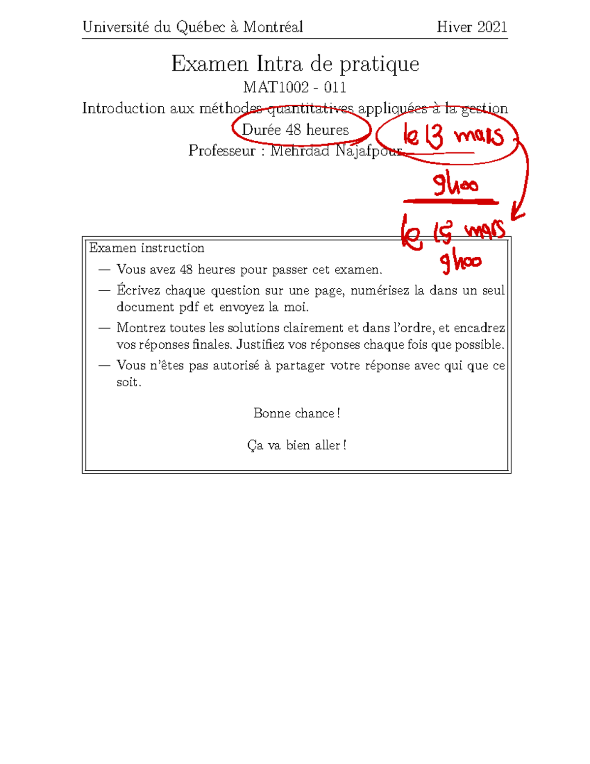 Examen Intra de pratique - Université du Québec à Montréal Hiver 2021 ...