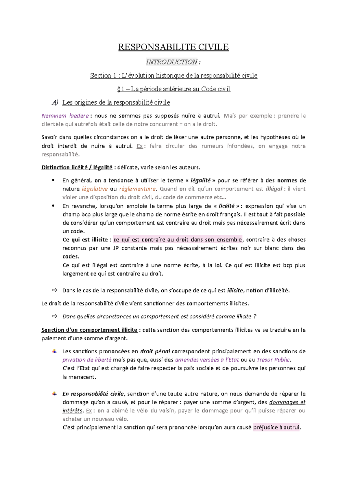 Introduction - Responsabilité civile - RESPONSABILITE CIVILE INTRODUCTION : Section 1 : L ...