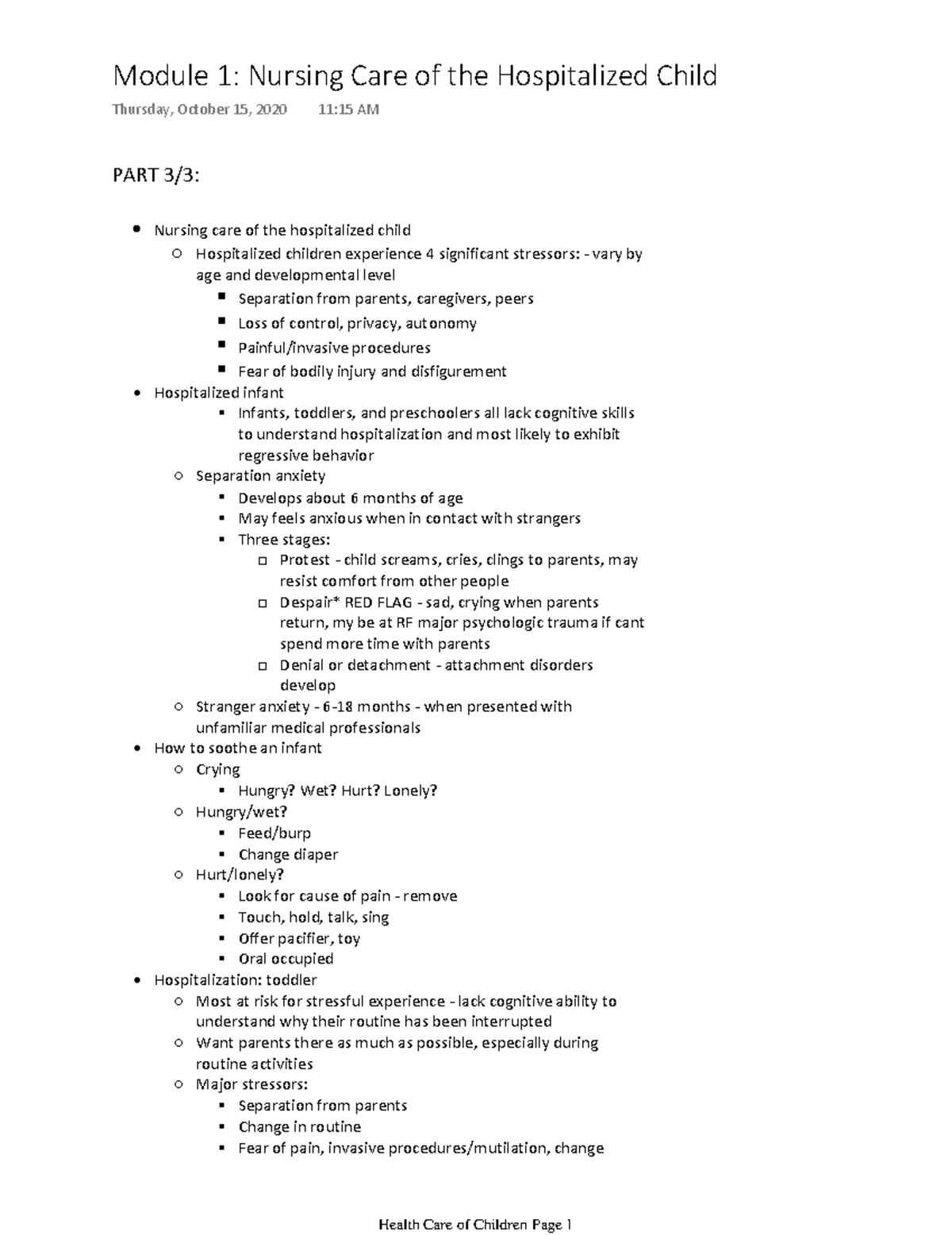 Module 1 Nursing Care of the Hospitalized Child - PART 3/3: Nursing ...