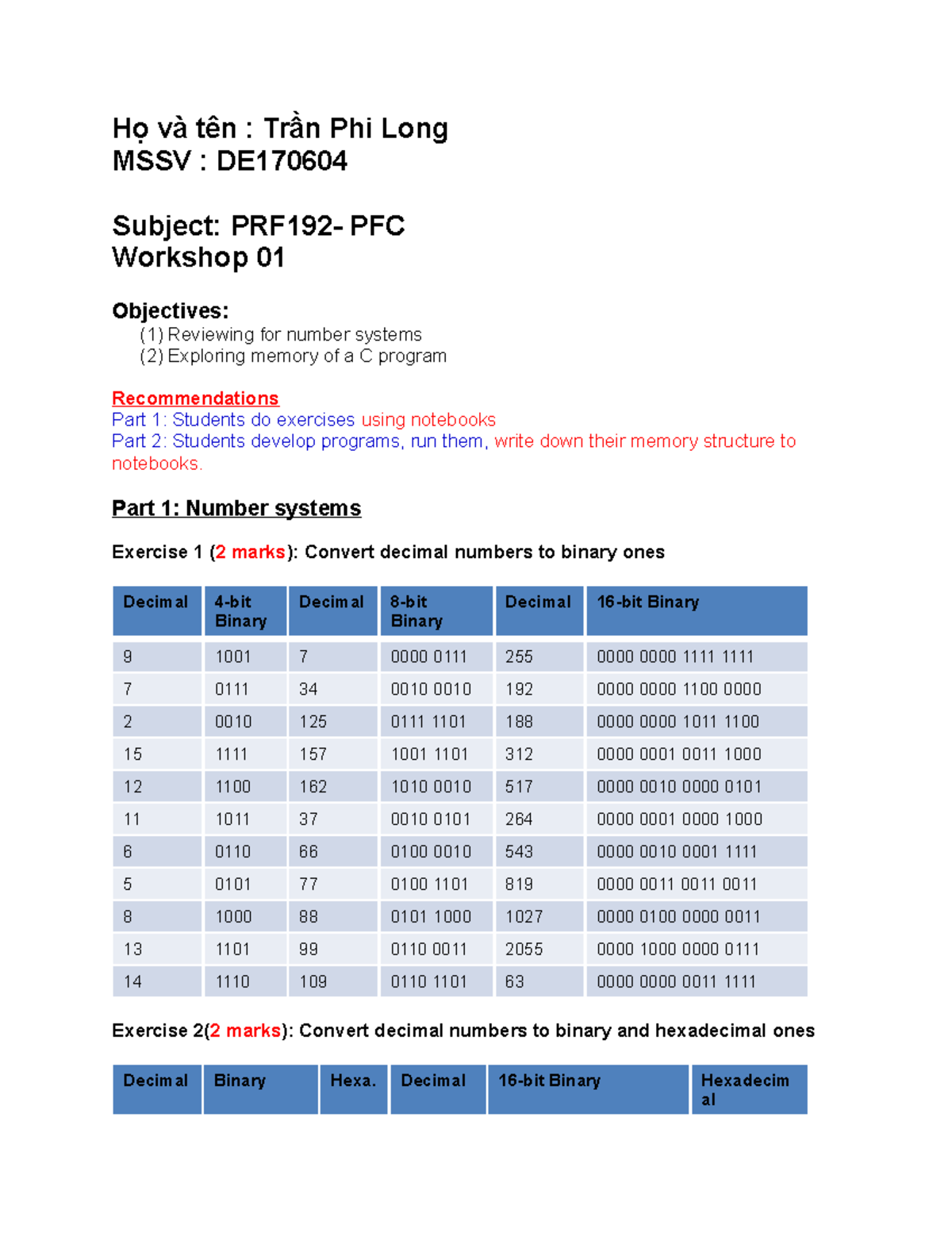 Workshop Tran Phi Long de170604 - Họ và tên : Trần Phi Long MSSV : DE Subject: PRF192- PFC ...