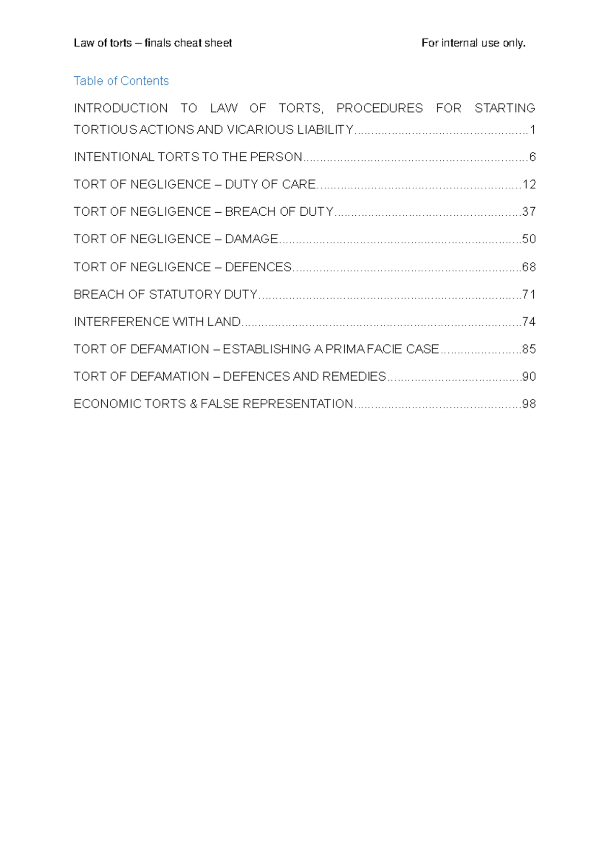 Tort Cheat Sheet - Law of torts – finals cheat sheet For internal use ...