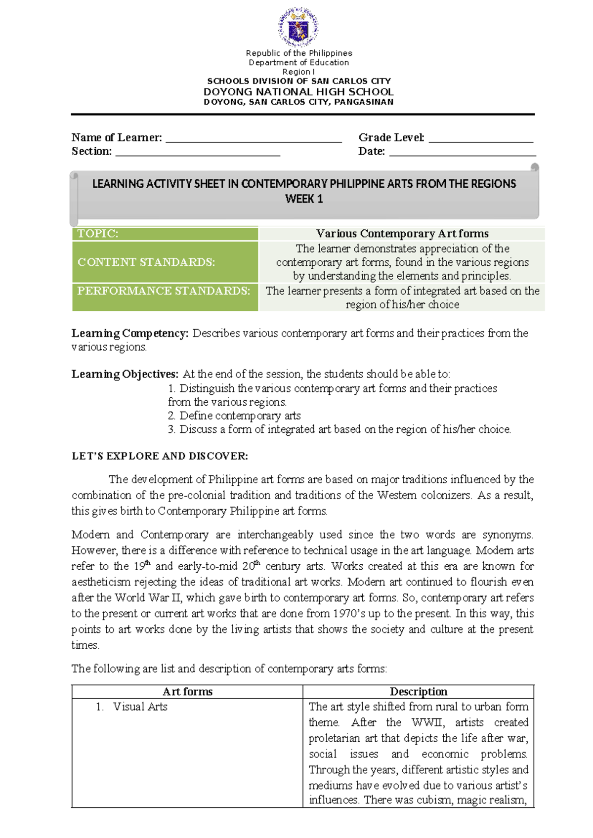 Contemporary phils arts learning activity sheets - Department of ...