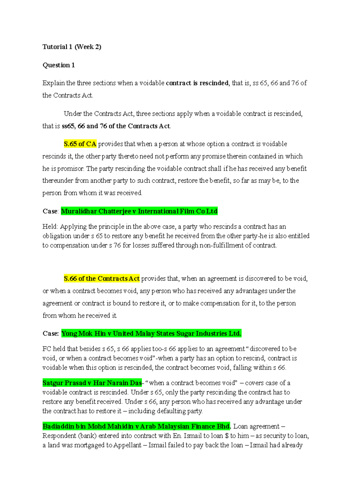 Tutorial 1 - Explain the three sections when a voidable contract is rescinded, that is, ss - Studocu