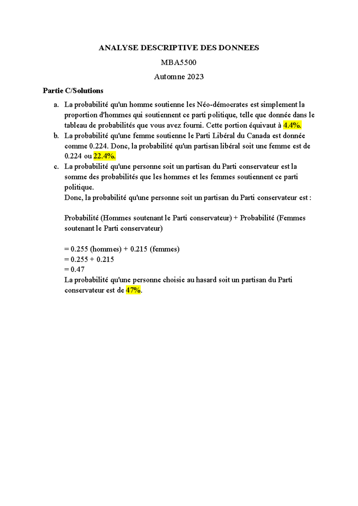 TP2 Analyse Descriptive DES Donnees - ANALYSE DESCRIPTIVE DES DONNEES MBA Automne 2023 Partie ...