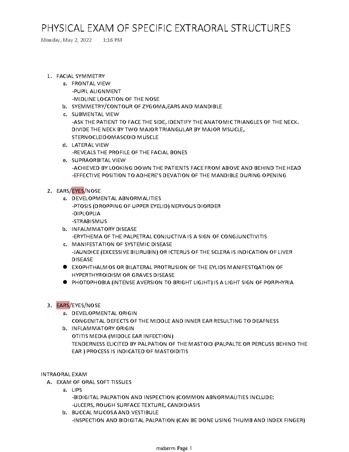 Physical EXAM OF Specific Extraoral Structures - FACIAL SYMMETRY a ...
