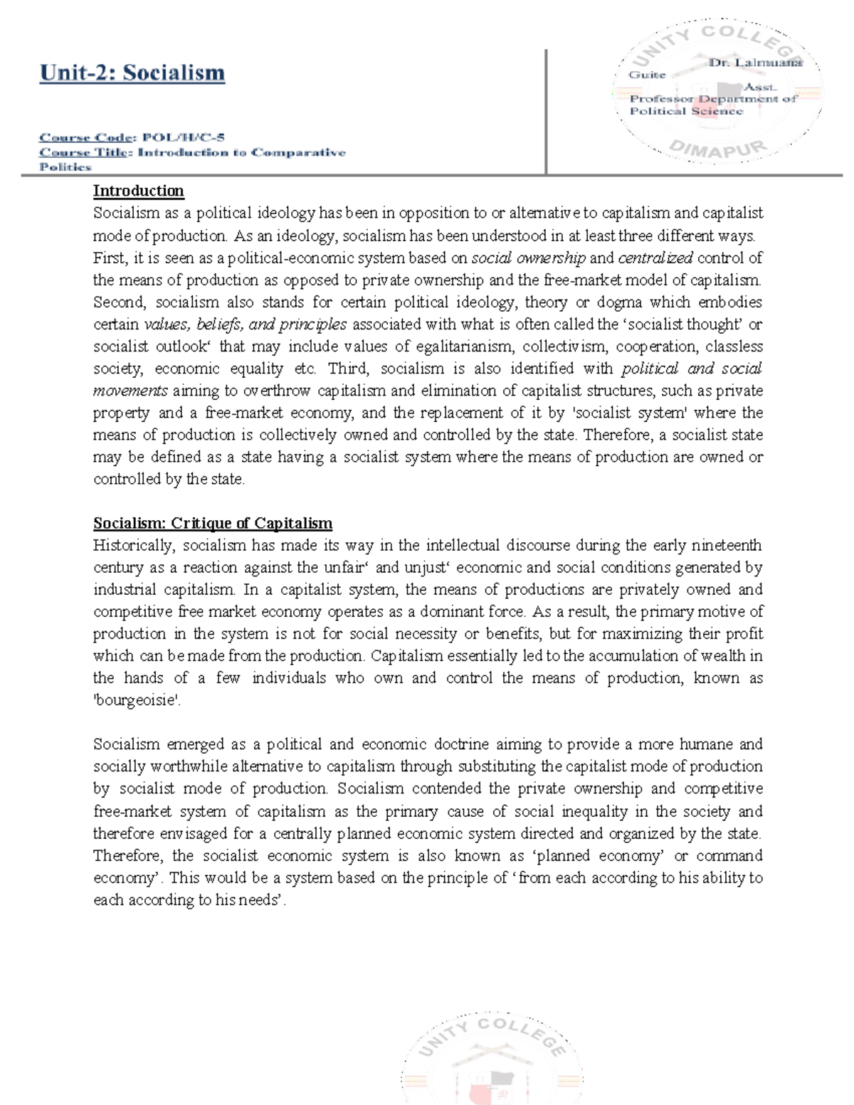 Unit-2 Socialism - Notes - Introduction Socialism as a political ...