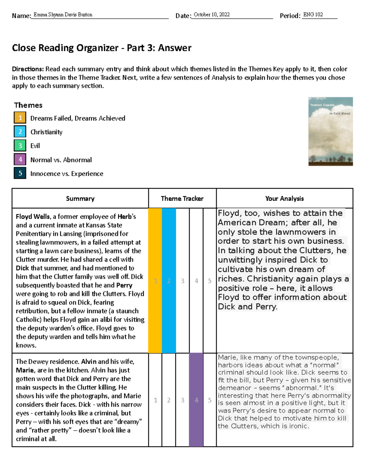 Close Reading Organizer - Part 3- In Cold Blood Eng 102 - Marie, like ...