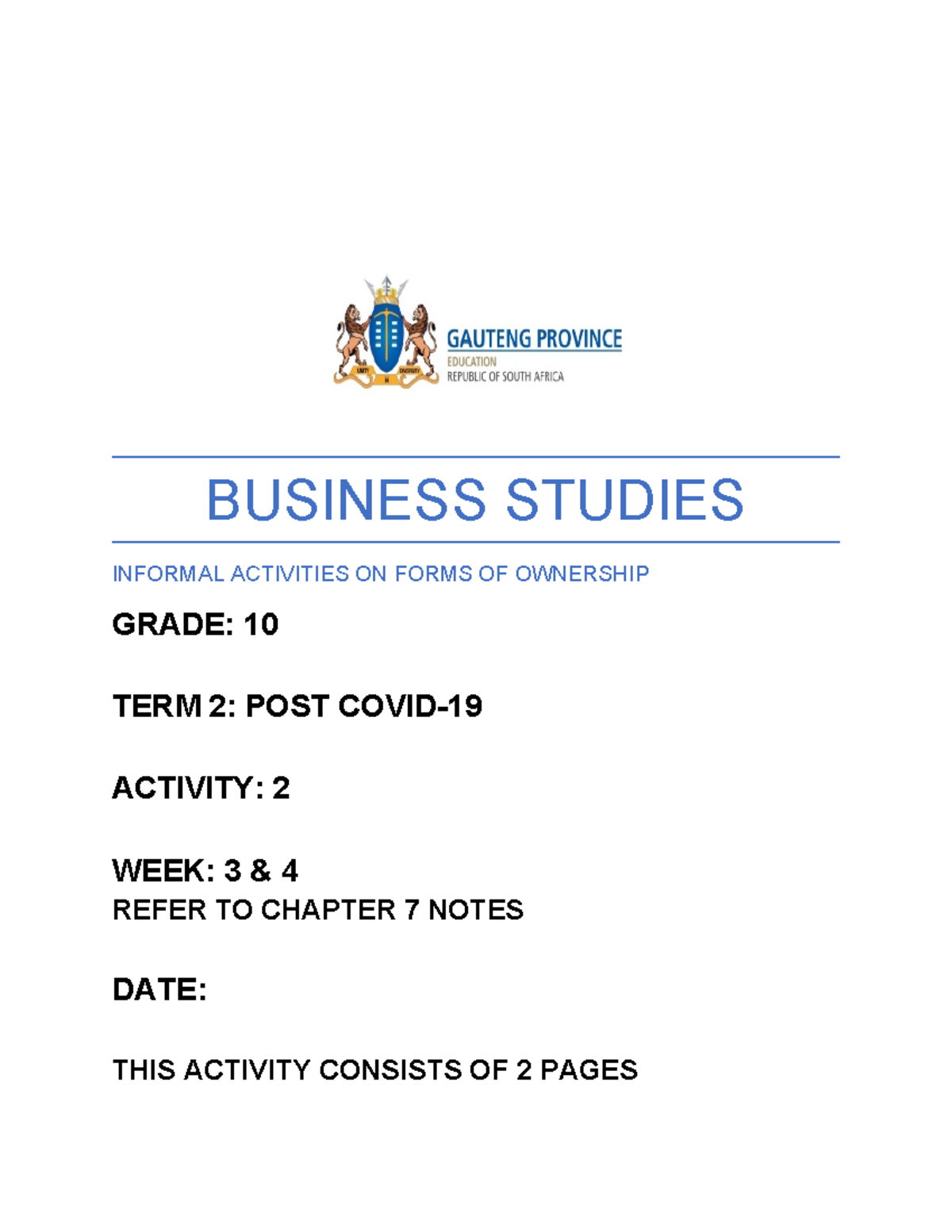 Forms of ownership Activity 2 - BUSINESS STUDIES INFORMAL ACTIVITIES ON ...