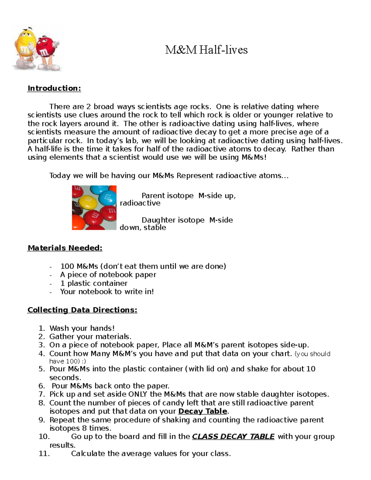 student lab sheet - M&M Half-lives Introduction: There are 2 broad ways ...