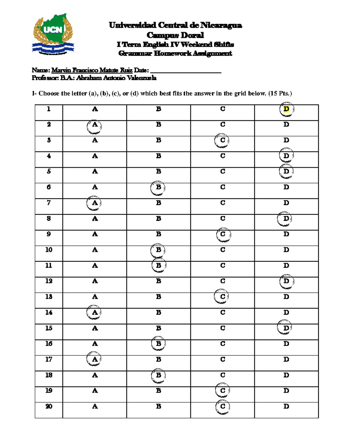 Answer Sheet Homework Multiple Choice - Universidad Central de ...