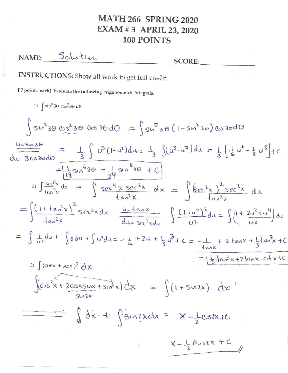 Exam# 3solutions 266 - Notes for Ms. Angelica Lopez class - MATH262 ...