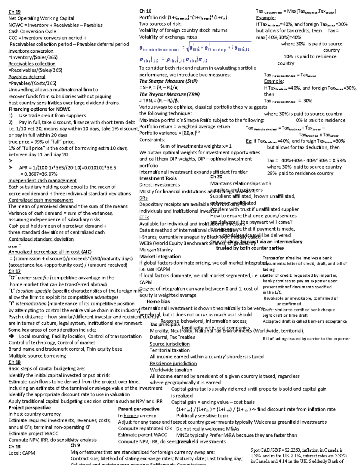 AFF624 cheat sheet - Ch 19 Net Operating Working Capital NOWC = Inventory + Receivables ...