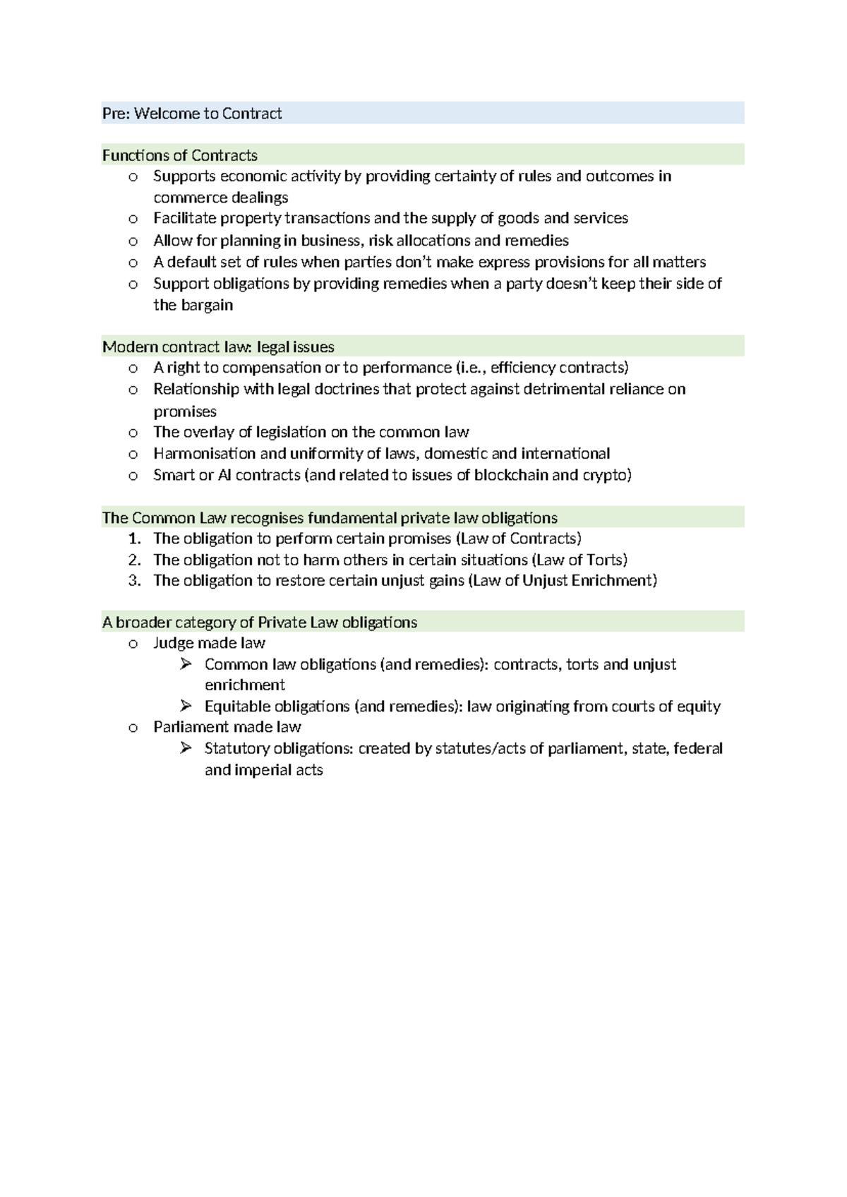 Contract Law Notes - Pre: Welcome to Contract Functions of Contracts o ...