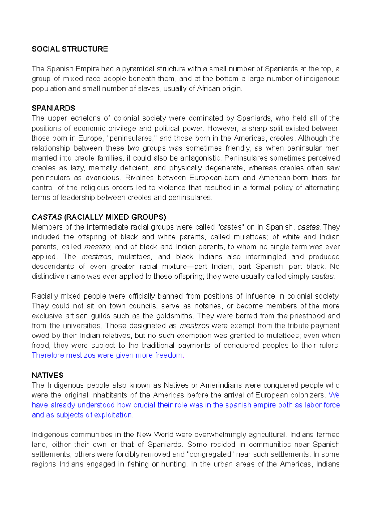 Untitled document-2 - Notes - SOCIAL STRUCTURE The Spanish Empire had a ...