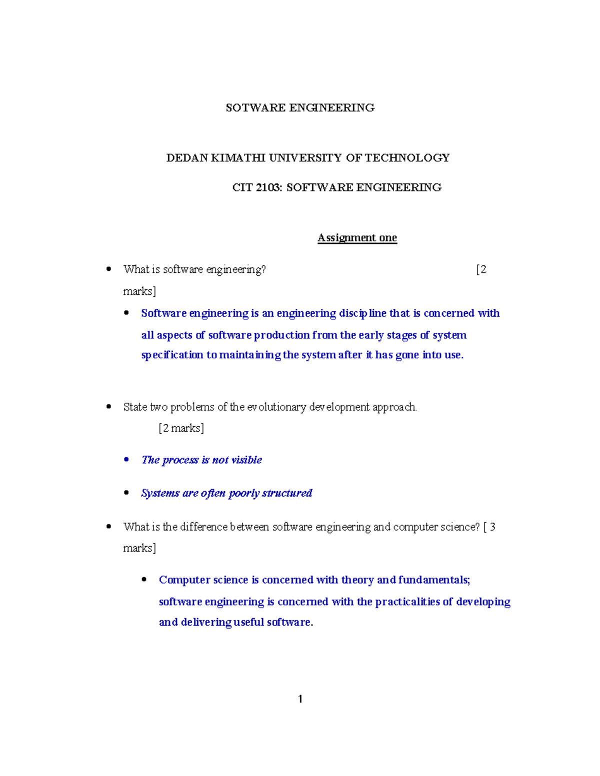 CIT 2103 Software Eng.- Assignment 1(with Answers) - SOTWARE ENGINEERING DEDAN KIMATHI ...