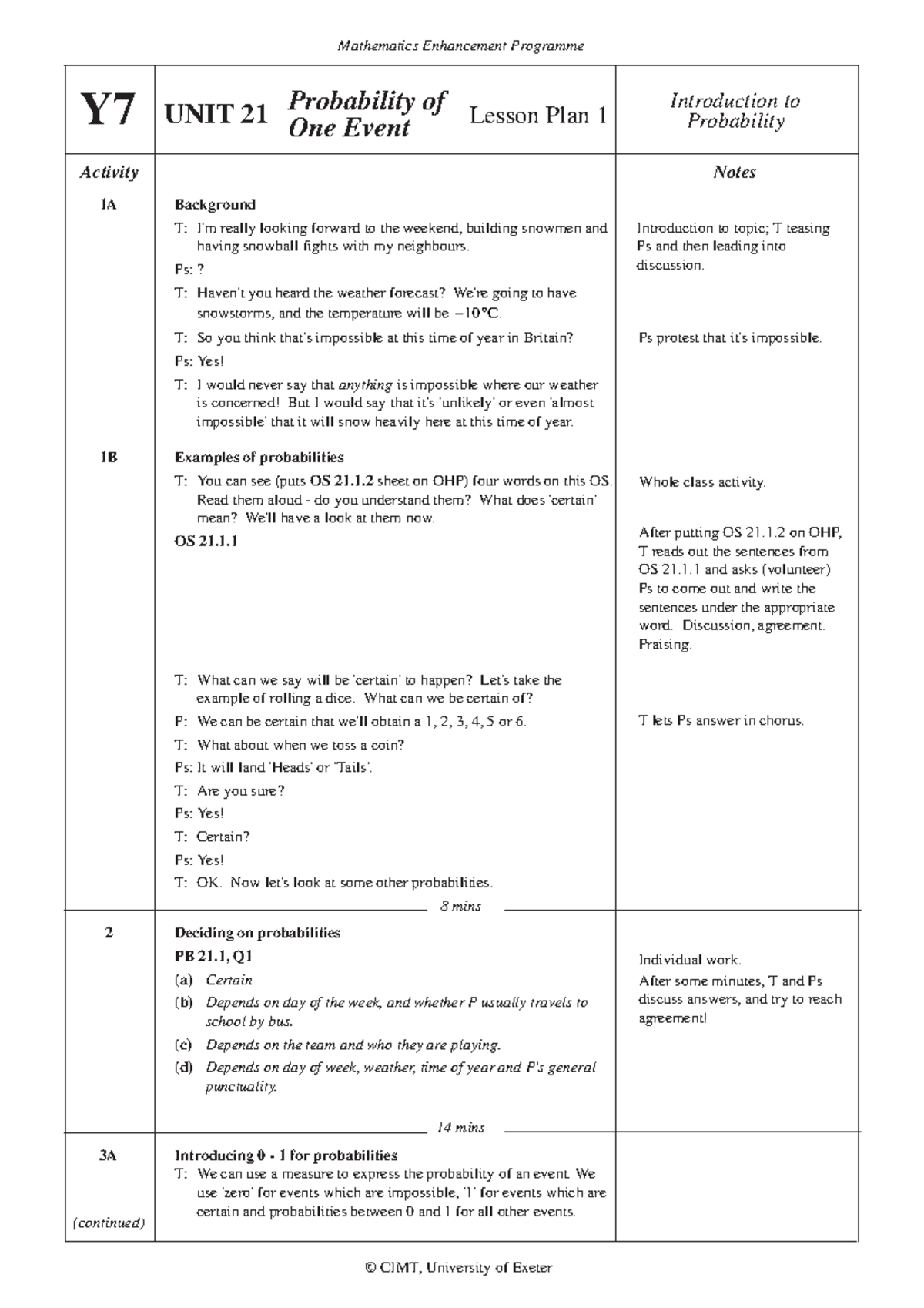 Unit 21 Probability of one event lesson plan and notes - Mathematics ...