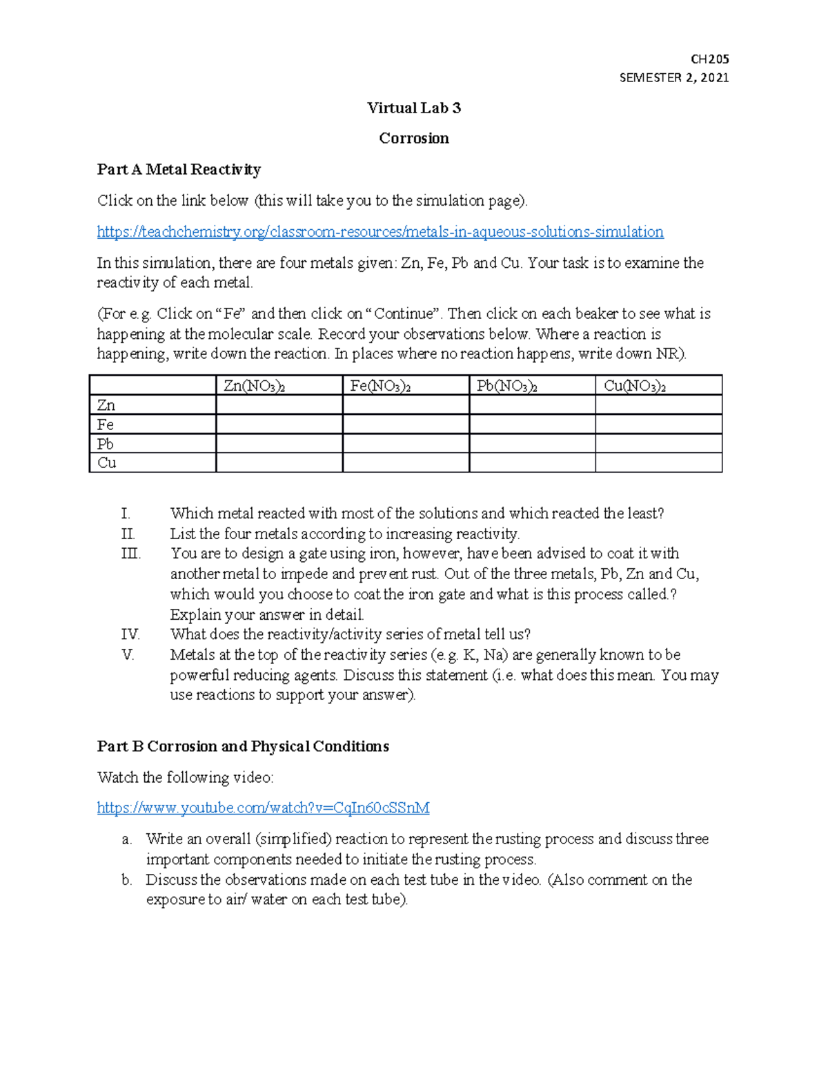 CH205 Virtual Lab 3 Corrosion - CH SEMESTER 2, 2021 Virtual Lab 3 ...