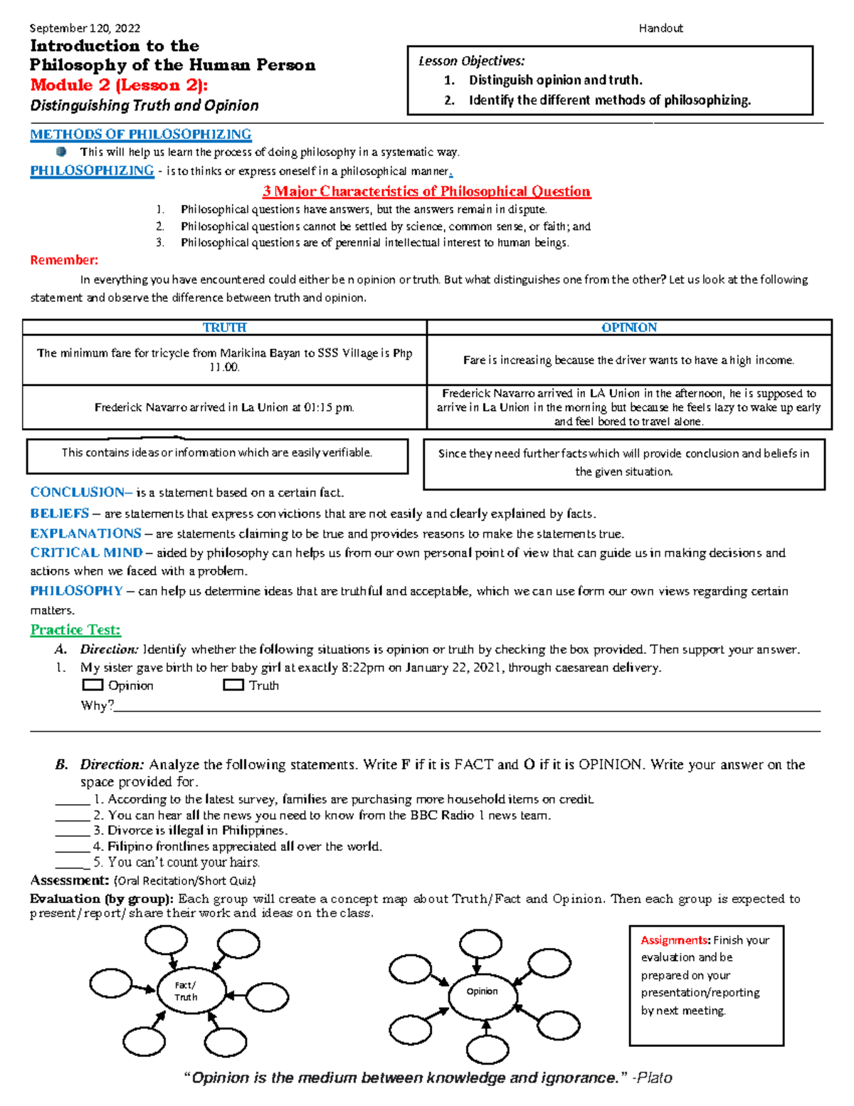 Module 2lesson 2 handout pdf - September 120, 2022 Handout “Opinion is the medium between ...