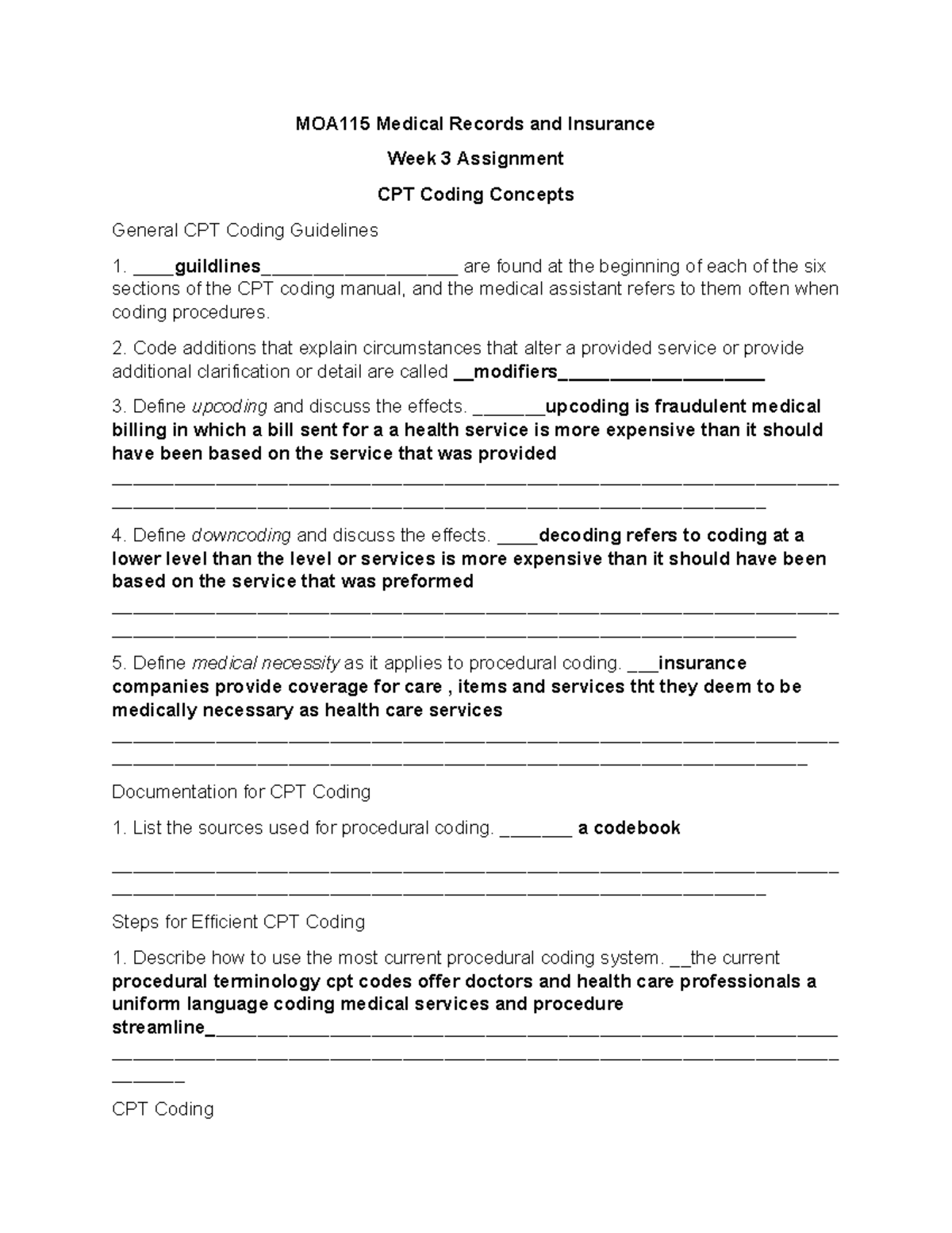 Worksheet week 6 - MOA115 Medical Records and Insurance Week 3 ...