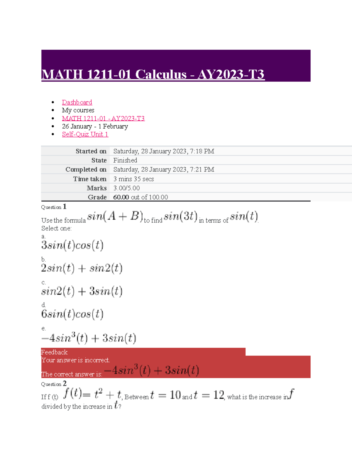 ALL SELF Quizess + Graded ONES - MATH 1211 - MATH 1211-01 Calculus - AY2023-T Dashboard My - Studocu