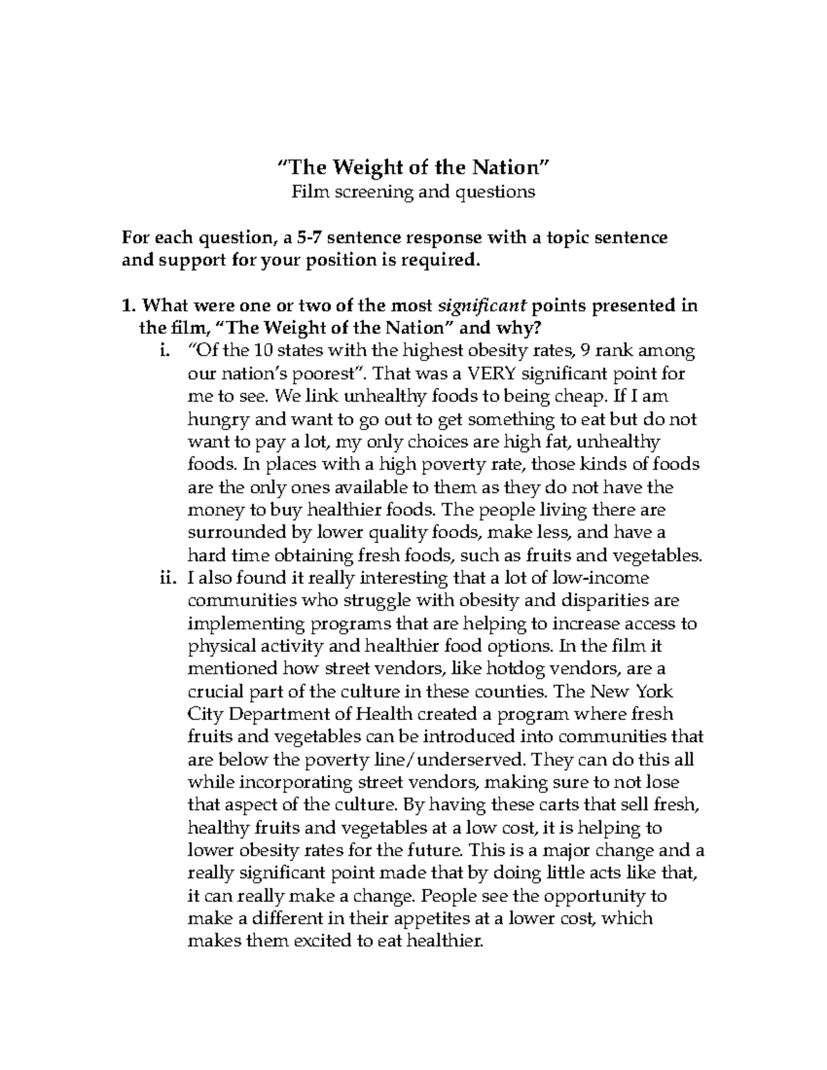 The Weight of the Nation assignment individual written assignment ...