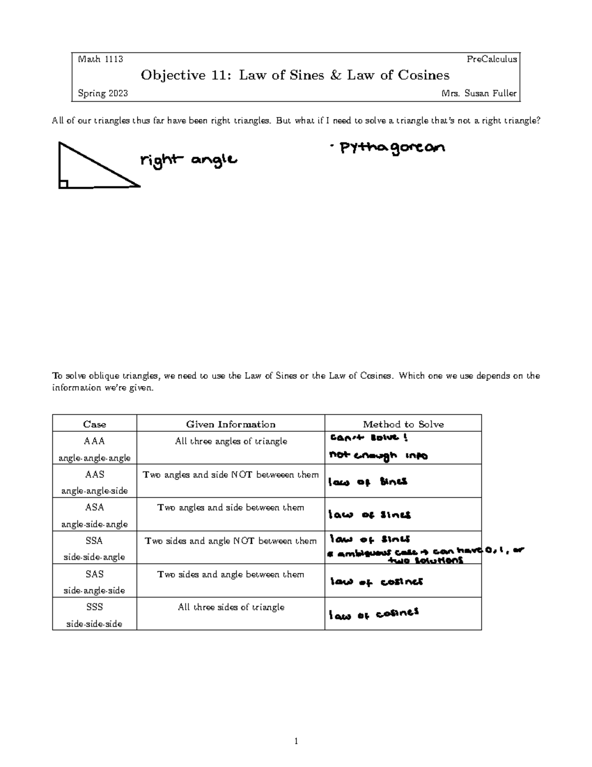 HW11 - Notes - Math 1113 PreCalculus Objective 11: Law of Sines & Law ...