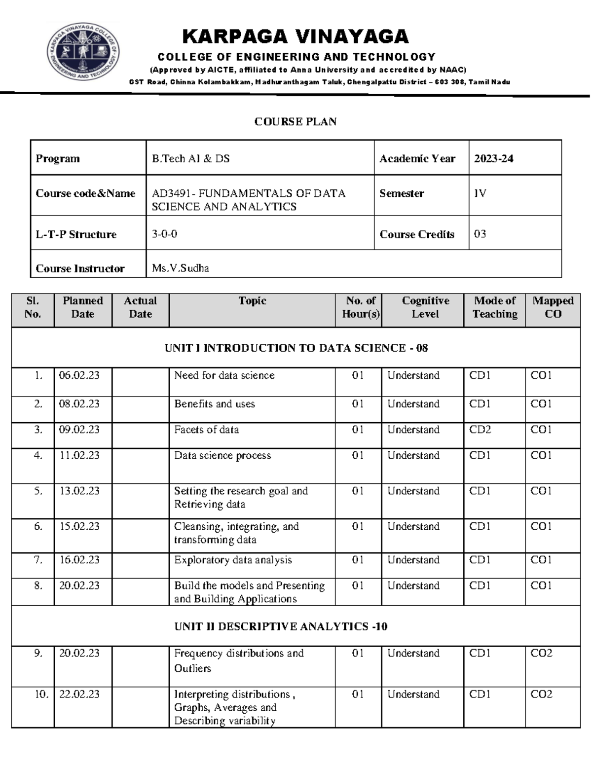 AD3491- Fundamentals OF DATA Science AND Analytics - KARPAGA VINAYAGA COLLEGE OF ENGINEERING AND ...