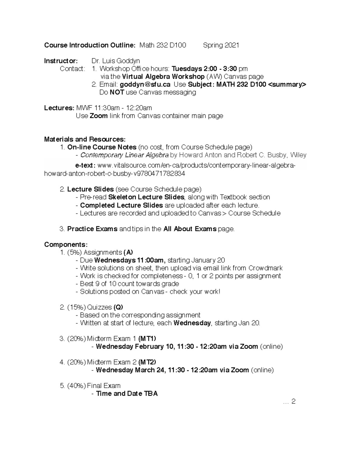 232 Course Introduction Summary - Course Introduction Outline: Math 232 ...