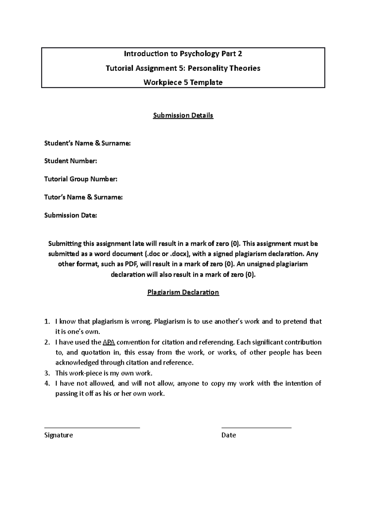Tutorial 5 Assignment Template - Introduction to Psychology Part 2 ...