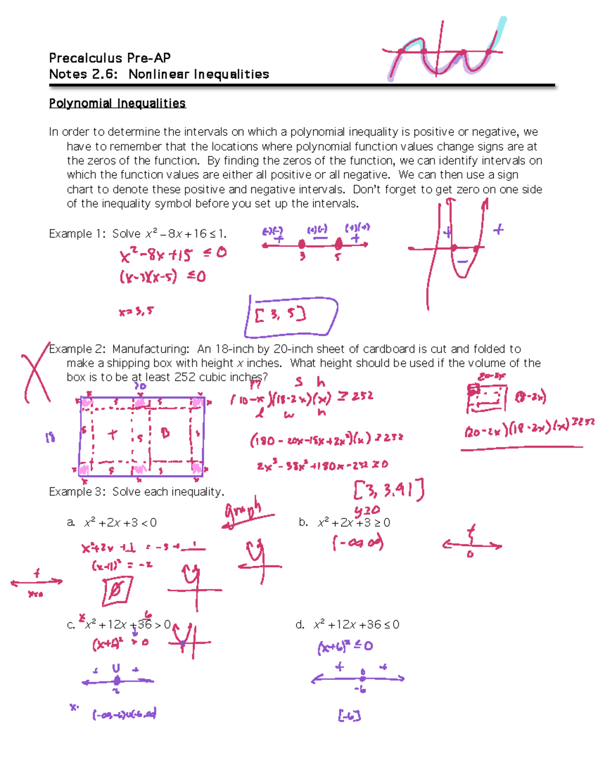 2.6 Notes - Nonlinear Inequalities Key - Precalculus Pre-AP Notes 2 ...
