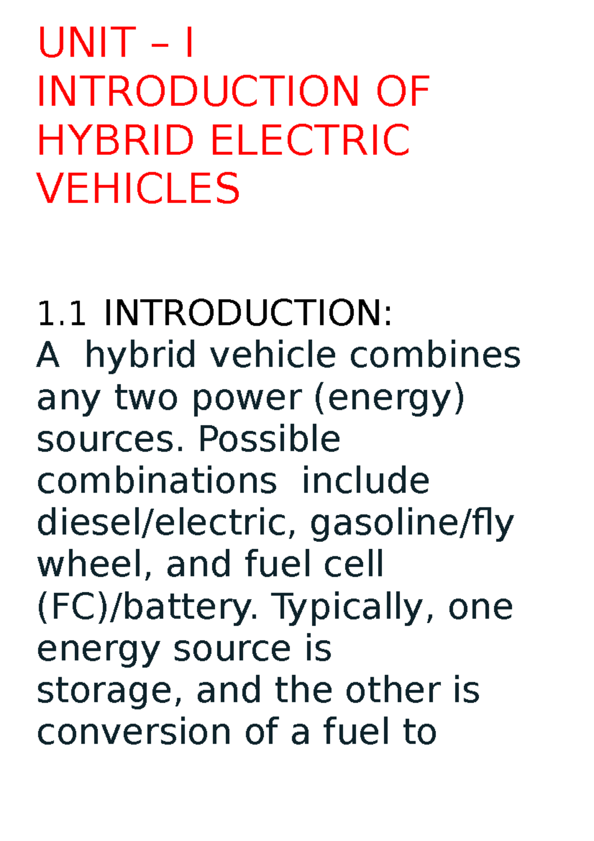 Hybrid - its comfort for study - UNIT – I INTRODUCTION OF HYBRID ...