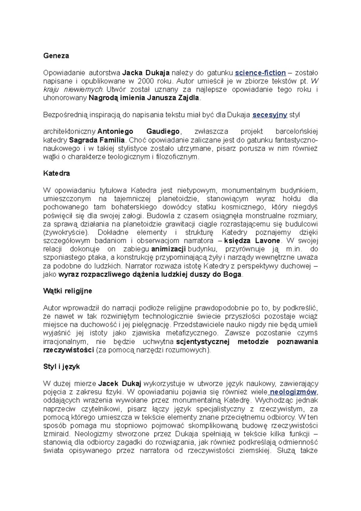 ,,katedra'' - Jacka Dukaja, opracowanie - Geneza Opowiadanie autorstwa ...