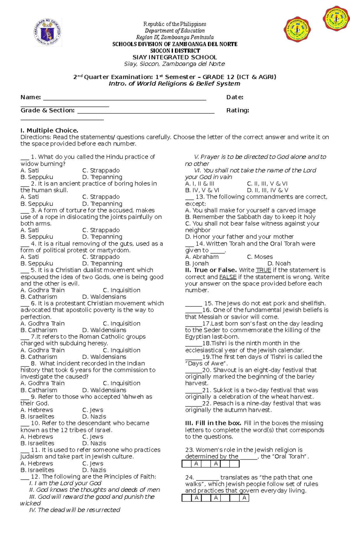 WR - 2nd Quarter Examination - Republic of the Philippines Department ...