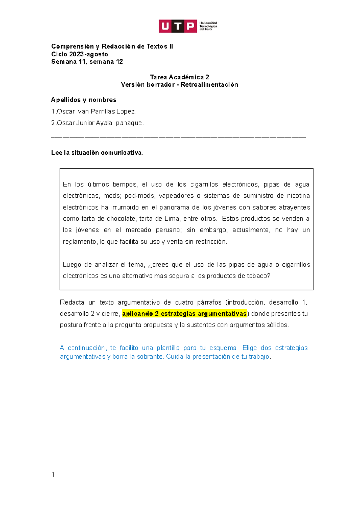 S11 y S12 - Formato TA2-1 - Comprensión y Redacción de Textos II Ciclo 2023-agosto Semana 11 ...