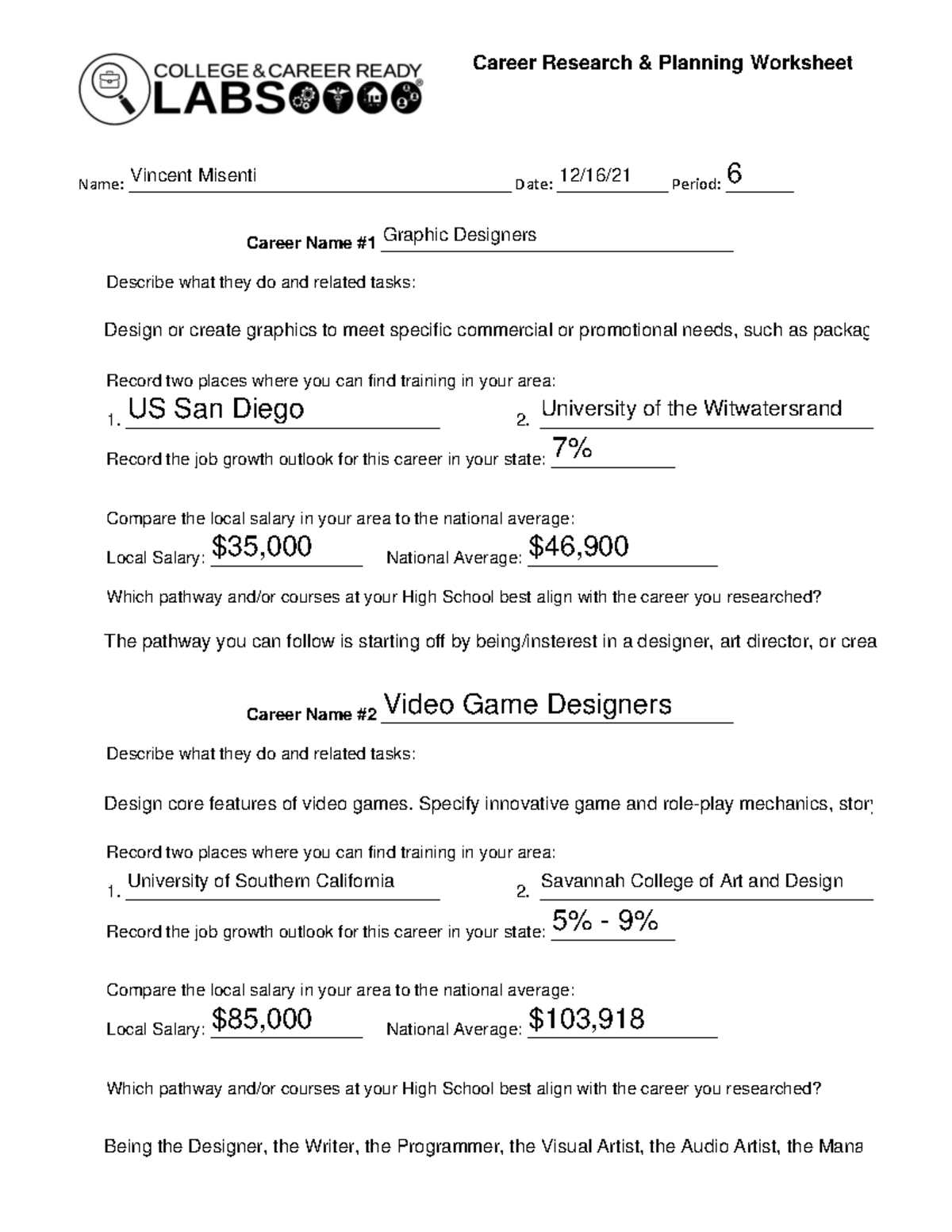 Career Research & Planning Worksheet - Name