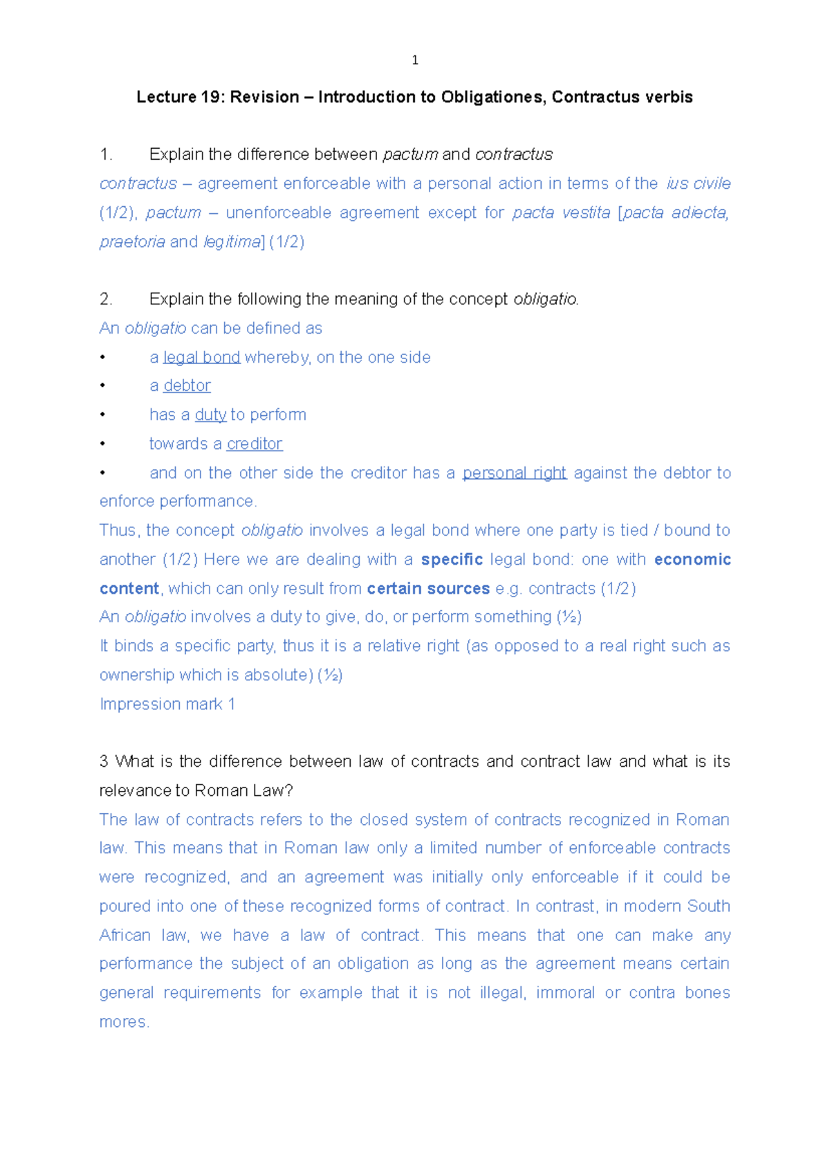 Lecture 19 Notes - revision obligationes, contractus verbis - Lecture ...