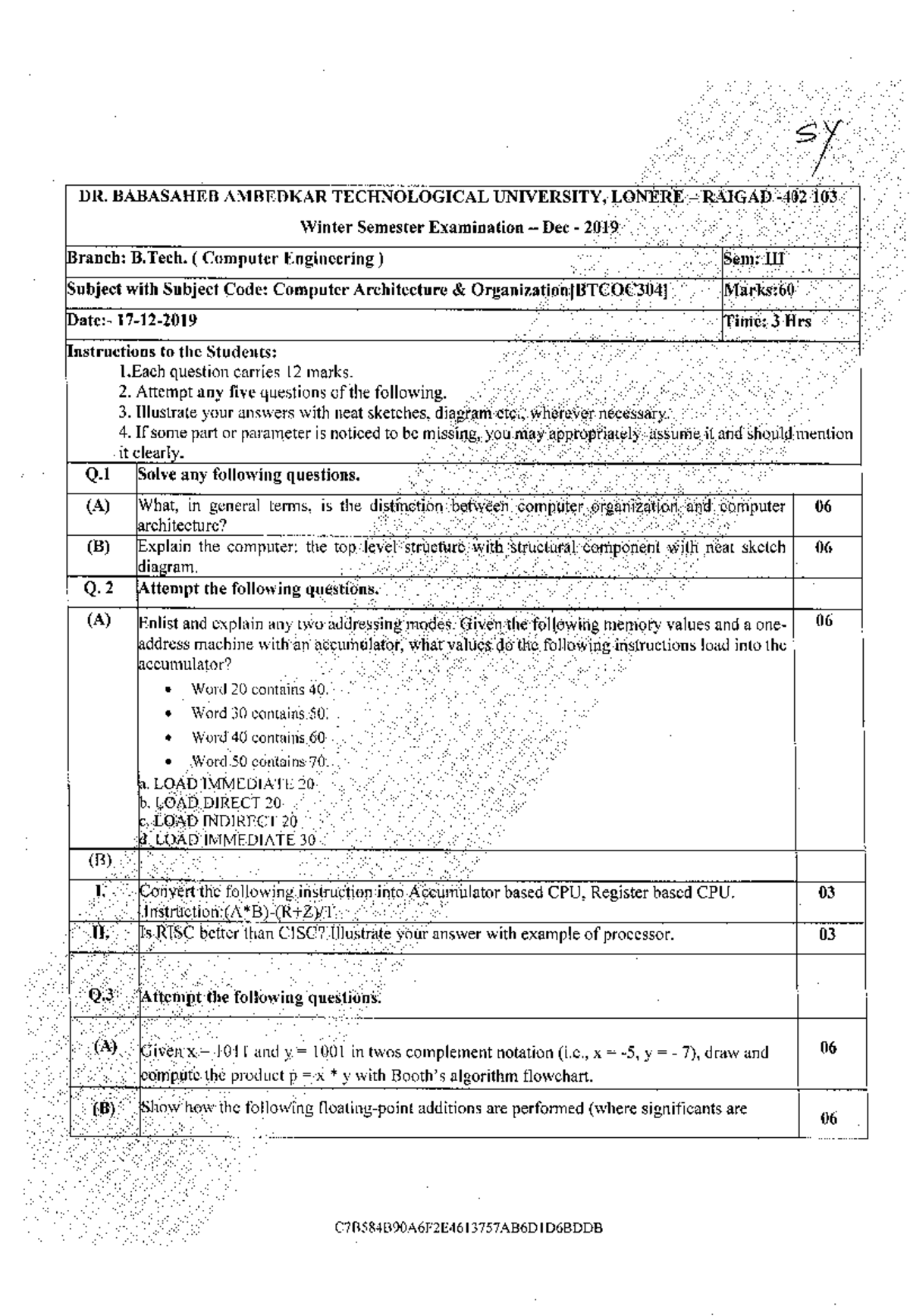 Btech cs 3 sem computer architecture and organization btcoc 304 dec 2019 - sy DR. BABASAHEB ...