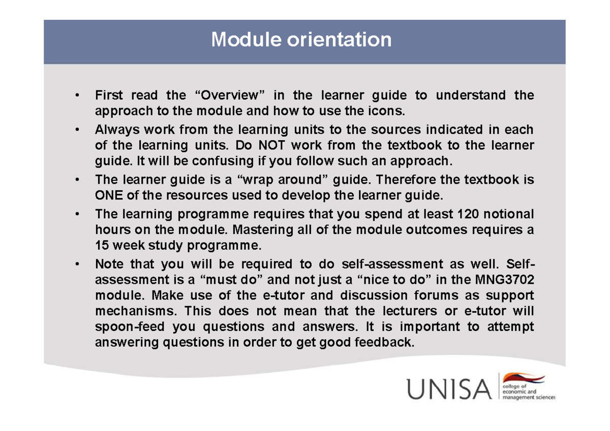 MNG3702 2018 Discussion Class Slides - Module orientation First read ...