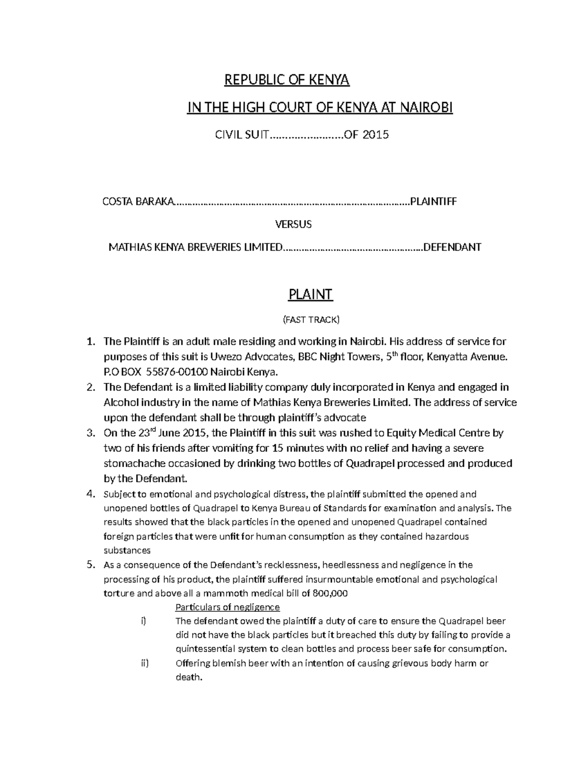 Plaint BY YVON - best - REPUBLIC OF KENYA IN THE HIGH COURT OF KENYA AT ...