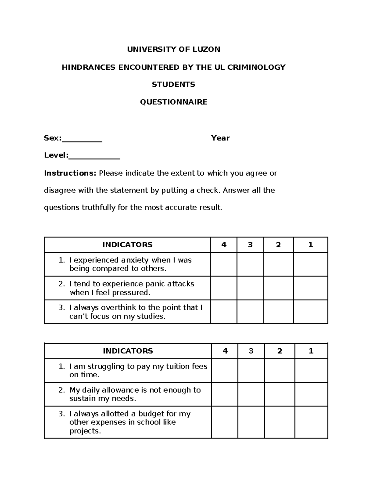 University OF Luzon- Questionnaire - UNIVERSITY OF LUZON HINDRANCES ...