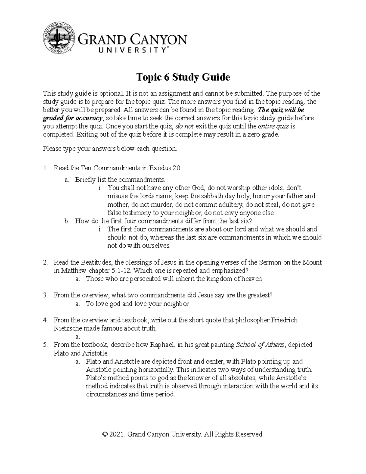 Study Guide 6 - Topic 6 Study Guide This study guide is optional. It is ...